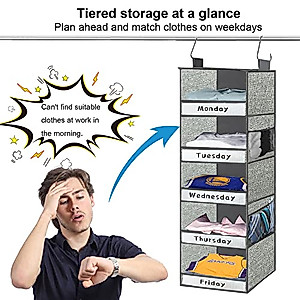 homyfort Hanging Closet Organizer, Weekly Clothes Storage Organizer for Kids, 5 Shelf with Side Pockets for Shoes,Nursery,Baby Clothing,Hat,Shirt,Dorm (Celadon)