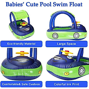 iGeeKid Inflatable Baby Pool Float with Canopy, Safty Seat for Infant Baby Swim Float Rings Car Shaped Swimming Pool Floaties for Baby Toddler Age of 6-36 Months (Blue)