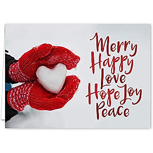 Red Mittens Heart Holiday Christmas Card - Set of 25 cards, 5'' x 7'' folded. Verse inside. Made in the USA. Blank white envelopes