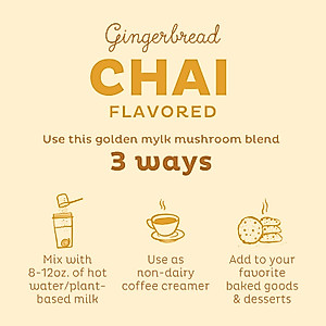 KOS Golden Mylk with Tumeric and Ginger, Organic Superfood Latte Powder, Adaptogen Mushroom Blend - Coffee Creamer, Dessert & Smoothie - Caffeine Free, Vegan, Dairy-Free, Gingerbread Chai, 28 Servings