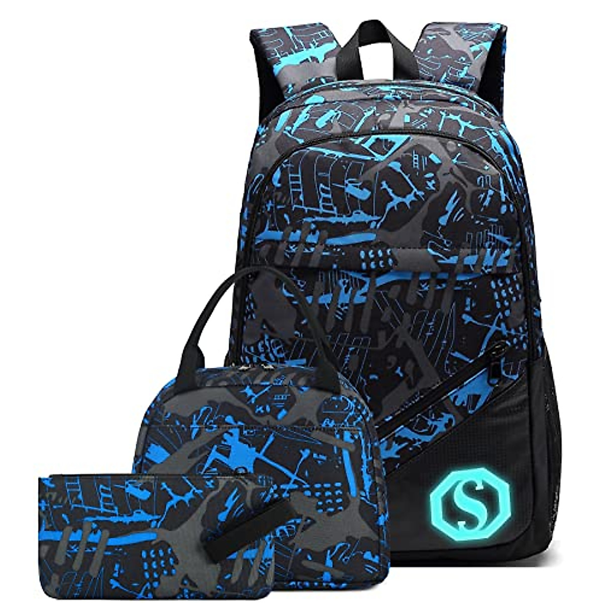 School Backpacks for Boys Teens Bookbag Elementary Backpack Set with Lunch Box and Pencil Case (Blue 1)