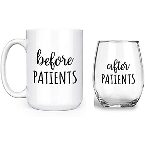 Artisan Owl Before Patients, After Patients SET - Set Contains: One (1) 15 oz Deluxe Large Double-Sided Mug and One (1) 17 oz Stemless Wine Glass