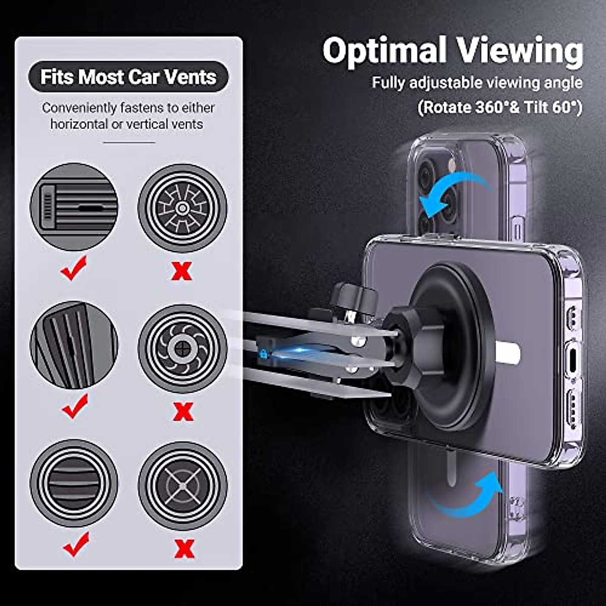 PROfezzion 2-Pack Strong Magnetic MagSafe Car Mount Vent Holder for iPhone 14, 14 Plus, 14 Pro, 14 Pro Max, iPhone 13 12 Pro Max Mini & MagSafe Case [MagSafe Ring Included for Regular Case User]