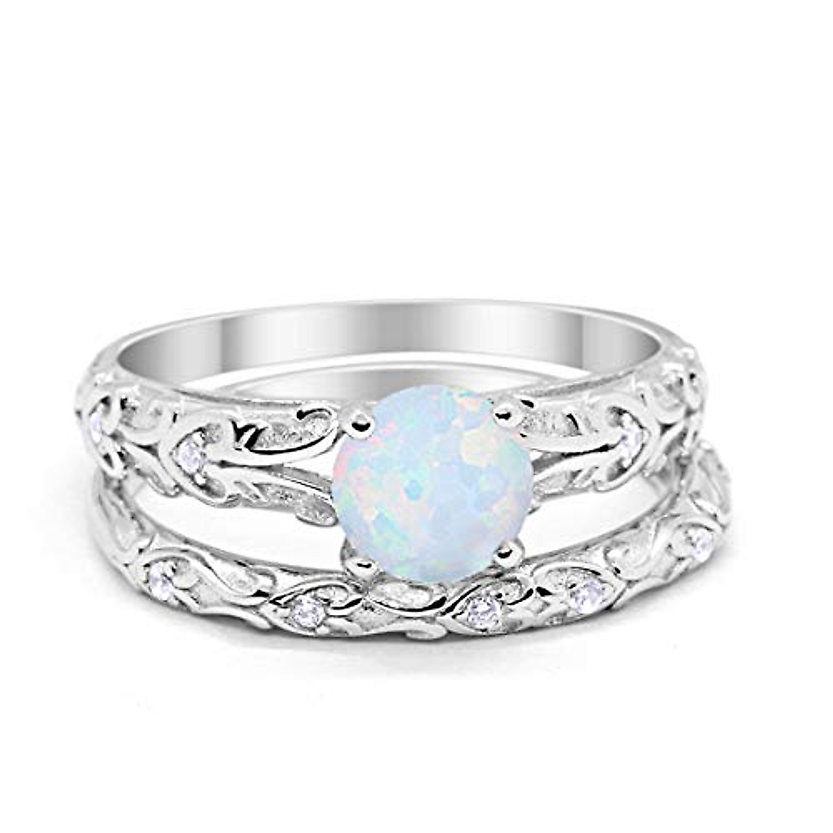 Blue Apple Co. Art Deco Two Piece Wedding Engagement Bridal Set Created White Opal Round Cubic Zirconia 925 Sterling Silver, Size-7