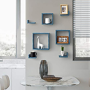 Coral Flower Rustic Wall Mounted Square Shaped Floating Shelves – Set of 7 – 3 Square Shelves and 4 L-Shaped Rustic Shelves – Screws and Anchors Included, Rustic Blue