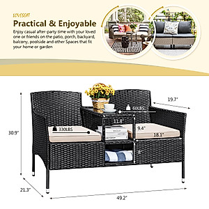 Devoko Outdoor Patio Loveseat Modern Rattan 2-Seat Patio Conversation Set with Cushions & Built-in Coffee Table Porch Furniture for Garden Lawn Backyard (Beige)