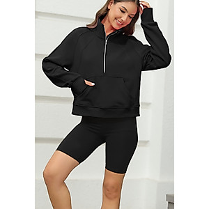 Womens Sweatshirts Half Zipper Crop Pullover Funnel Neck Fleece Lined Zip Up Long Sleeve Tops Thumb Hole Black