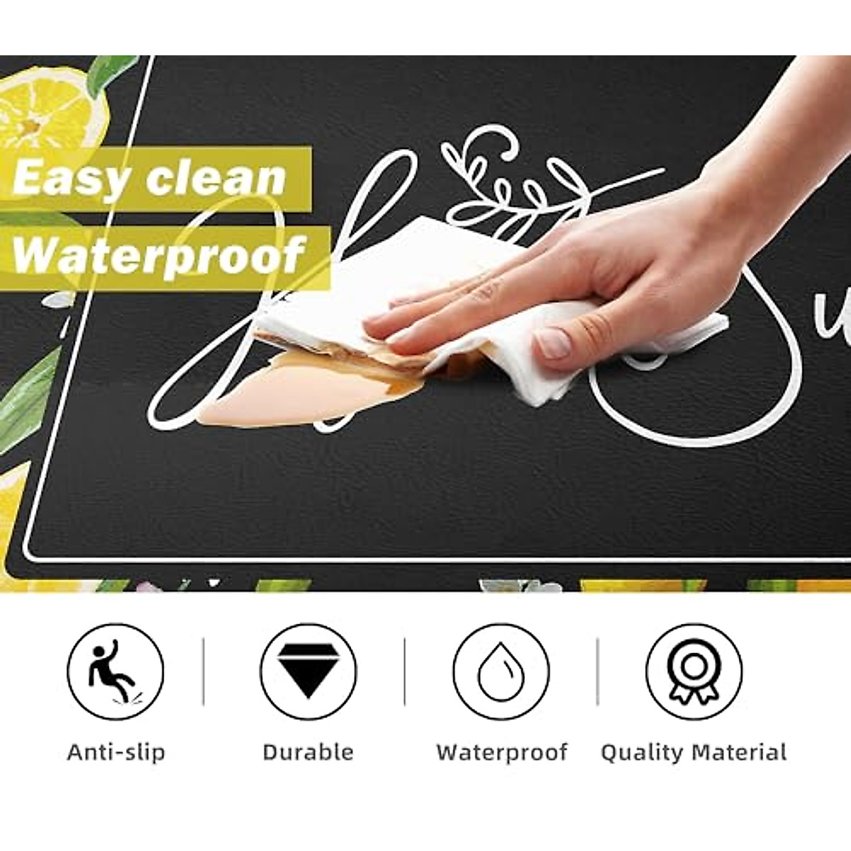 chiinvent Lemon Kitchen Rugs Anti Fatigue Kitchen Mats For Floor Black Yellow Non skid Washable kitchen Mats Set of 2 Cushioned Comfort Standing Mats for Laundry Office Sink,17.3x28 + 17.3x47 inch PVC