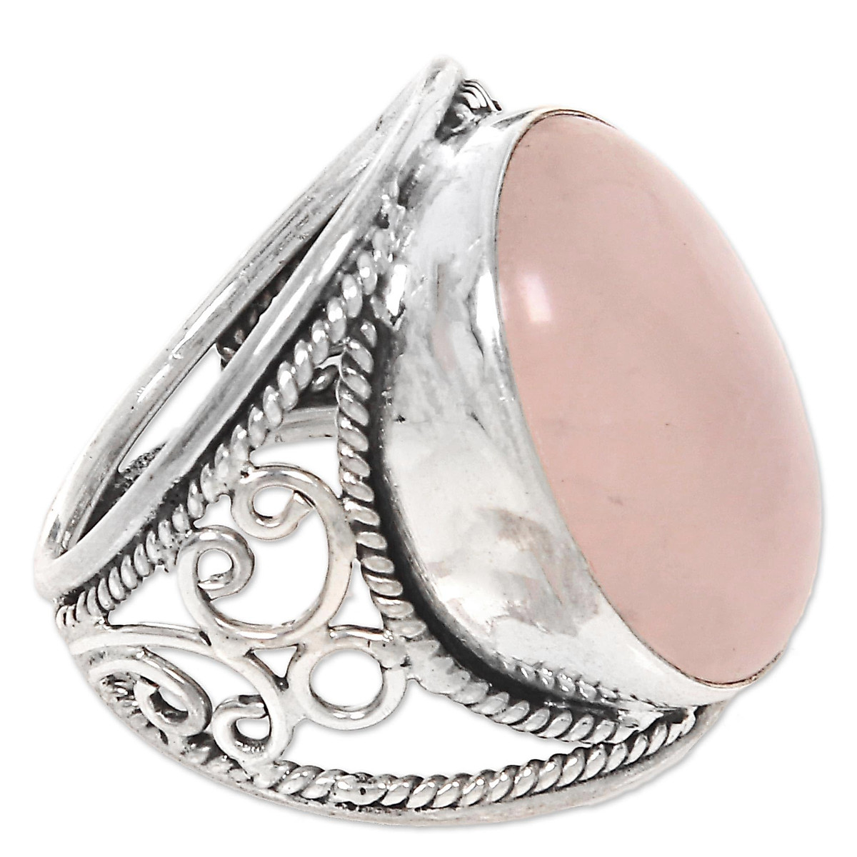NOVICA Artisan Handmade .925 Sterling Silver Rose Quartz Cocktail Ring Crafted from Indonesia Pink Pale Dogwood Birthstone [0.9 in L x 0.8 in W x 0.3 in H 3 mm W] 'Pink Moon'