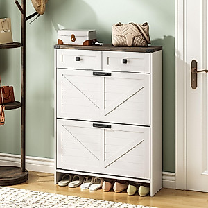 Halitaa Shoe Storage Cabinet with 2 Flip Drawers & 2 Drawers,Shoe Cabinet Storage with Legs for Entryway,Freestanding Shoes Organizer Cabinet,Farmhouse Slim Shoe Cabinet White