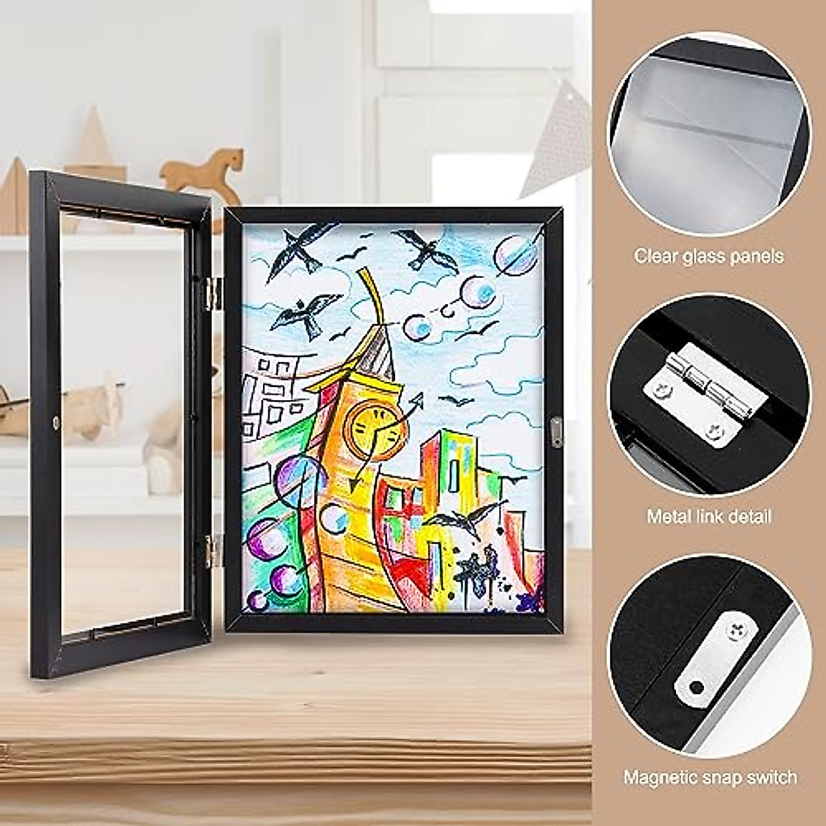 Fixwal Kids Art Frame, 8.5 x 11 Picture Frame for Kid Art Work Changeable, Front Opening Black Kids Artwork Display Frame, Real Glass, for Wall Hanging, Set of 1
