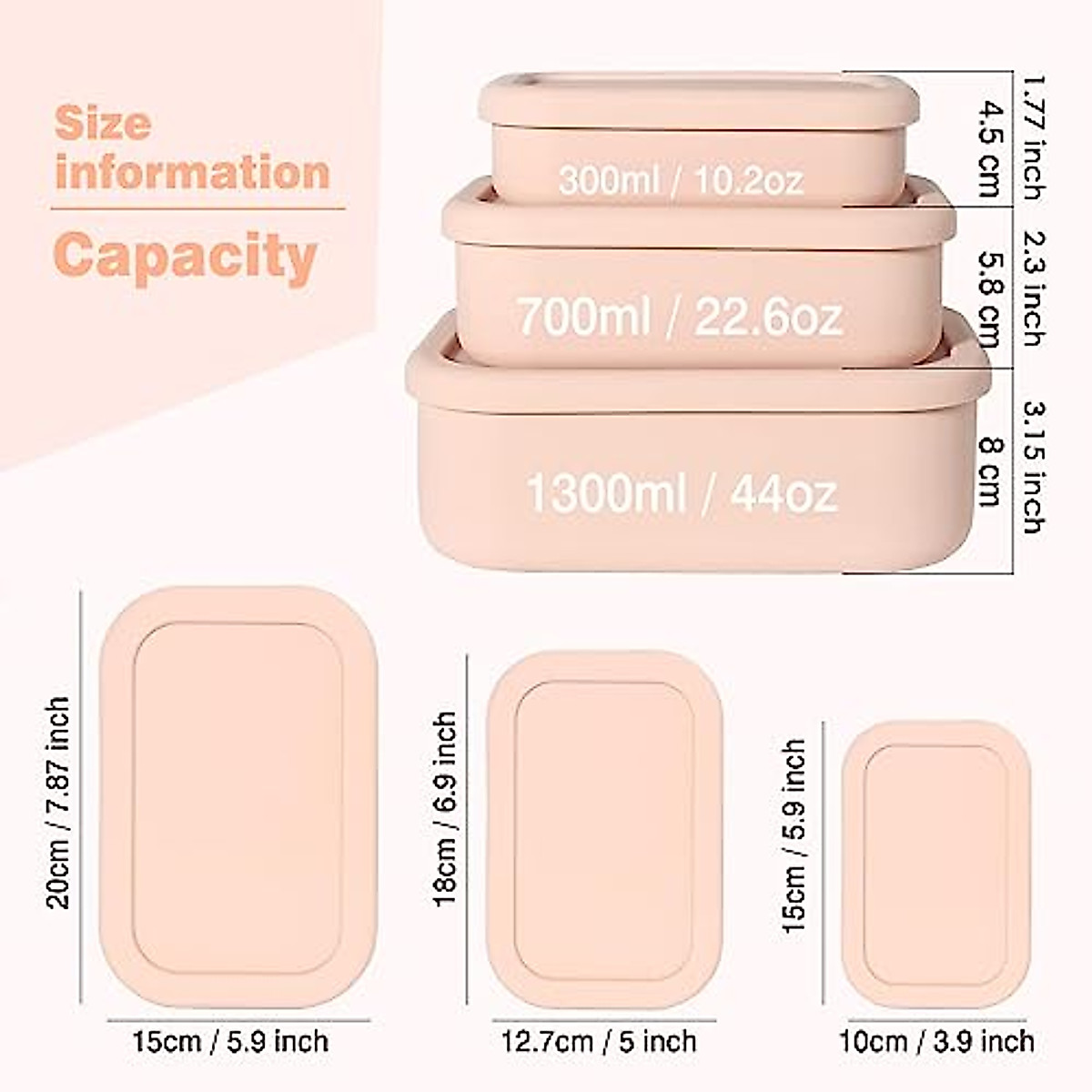 AROCFTIE Silicone Bento Box, Set of 3 Silicone Food Storage Containers with Lids, Hard-Shell Nesting Silicone Containers, Airtight, Dishwasher and Freezer Safe (10oz, 23.6oz, 44oz) (Pink)