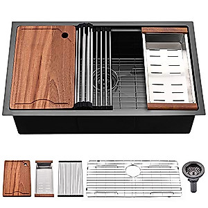 SOMRXO 32 Inch Black Undermount Workstation Kitchen Sink 32×19 Kitchen Sink Undermount 16 Gauge Gunmetal Black Stainless Steel Kitchen Sink 10 Inch Deep Single Bowl Kitchen Sinks With Accessories