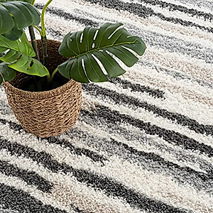 Lux Shag Collection - Moroccan Farmhouse Living Room Bedroom Shaggy Area Rug - Bohemian Shag Rug - Plush High Pile - Southwestern Boho Soft Carpet - Tribal Aztec - Grey, Off White, Beige - 5'3" x 7'3"