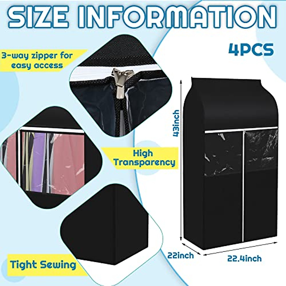 4 Pcs 43'' Hanging Garment Bags for Closet Storage with Zippers Clear Window Garment Rack Cover Sealed Hanging Clothes Bag Dust Cover Wardrobe Clothes Organizer Clothing Garment Cover for Suit Coat