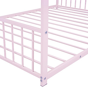 Favfurish Metal Full Size House Bed with Roof and Slats Support,Playhouse Design Montessori Floor Bed Frame W/Headboard & Footboard,No Box Spring Needed,for Kids Girls Boys,Pink