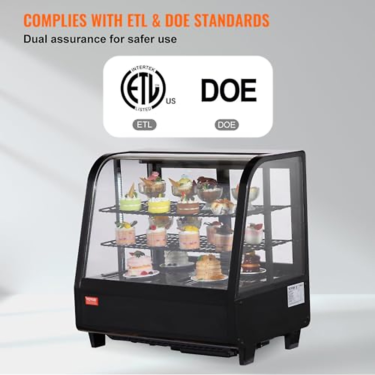 VEVOR XCW-100L 3.5 Cu.Ft./100L, 2-Tier, Countertop Pastry Case Commercial Display Refrigerator with LED Lighting, Turbo, Frost-Free Air-Cooling, Rear Sliding Door, Curved, Black