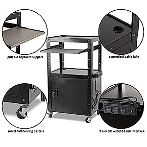 AV Cart, Presentation Cart Station, Height Adjustable Media Cart with Locking Cabinet & Sliding Keyboard Tray, 3 Shelves Rolling Projector Cart on Wheels