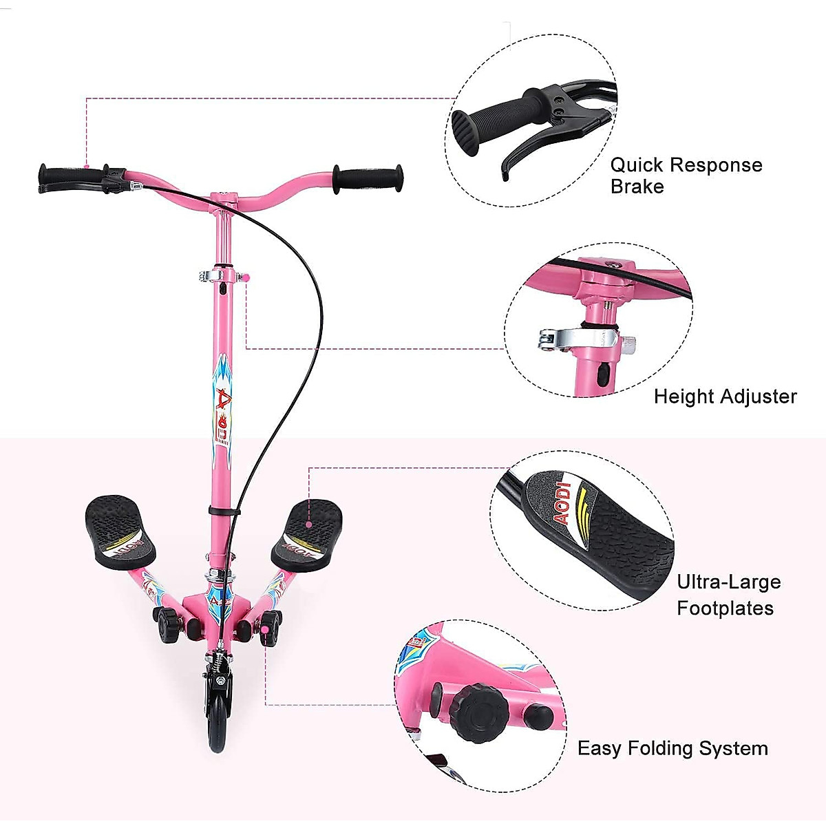 AODI Swing Scooter for Kids, 3 Wheels Foldable Wiggle Scooter Push Drifting with Adjustable & 2 Rear LED Wheels Kicks Scooter for Boys and Girls Ages 3-8