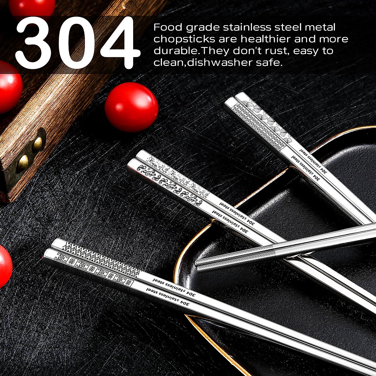 8 Pairs Metal Chopsticks and 8 Chopstick Holders Reusable 18/8 Stainless Steel Chopsticks Chopstick Rest Set Non-slip Japanese Korean Chinese Chopstick for Cooking Eating Dishwasher Safe 9.25"