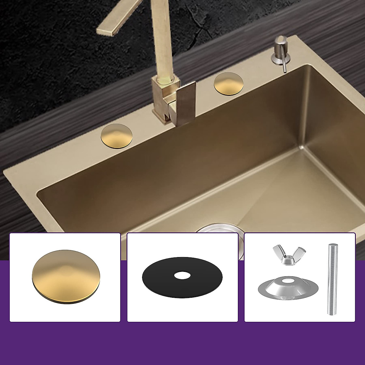 Mxclimate 2" Kitchen Sink Hole Cover,2 Pack Gold Faucet Hole Cover,Stainless Steel Kitchen Sink Basin Hole Tap Plug Stopper Cover for Leakage Prevention