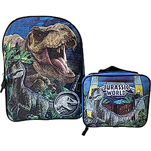Jurassic World 15 Inch Kids Backpack With Removable Lunch Box Set (Blue-Black)
