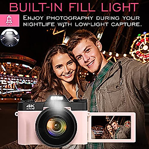 VJIANGER 4K Vlogging Camera for YouTube 48MP Digital Camera for Photography and Video with Flip Screen, Manualfocus, 16X Digital Zoom, 52mm Wide Angle & MacroLens, 32GB TF Card, 2 Batteries(Pink)