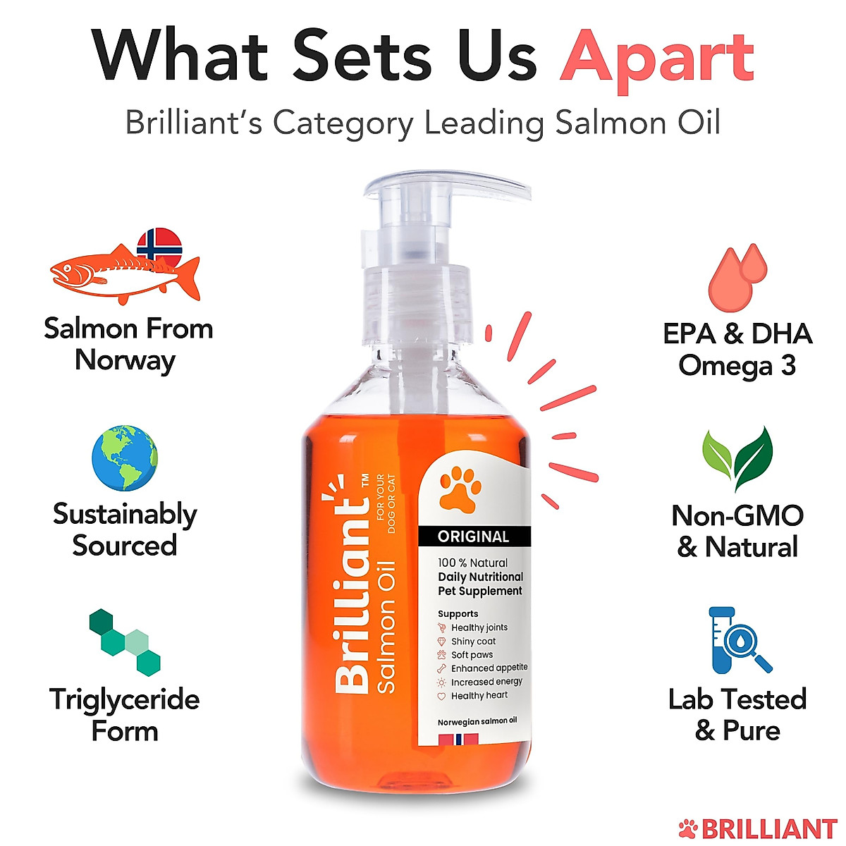 Brilliant Salmon Oil for Dogs, Cats & Puppies | Omega 3 Fish Oil Liquid Supplement with DHA, EPA Fatty Acids | Supports Skin and Coat, Immune System & Joint Function | Hofseth BioCare (34oz)