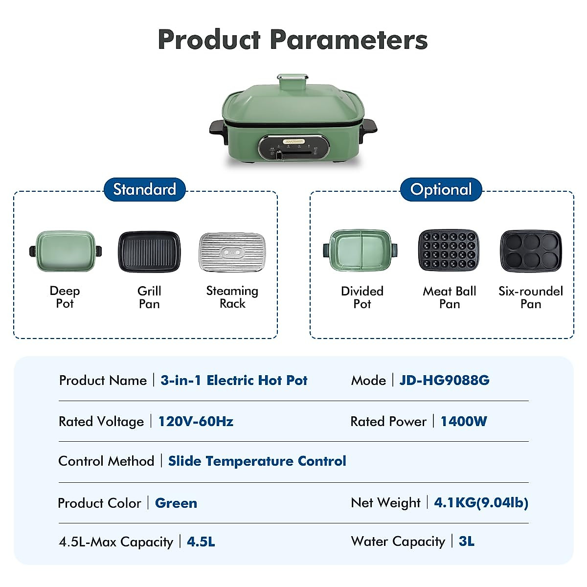 Joydeem 3-in-1 Electric Hot Pot, Multi-use Shabu Shabu Pot with Grill Pan & Steamer, UL Listed, Non-stick Ceramic Oil Coating, 4.5L, JD-HG9088G, Green