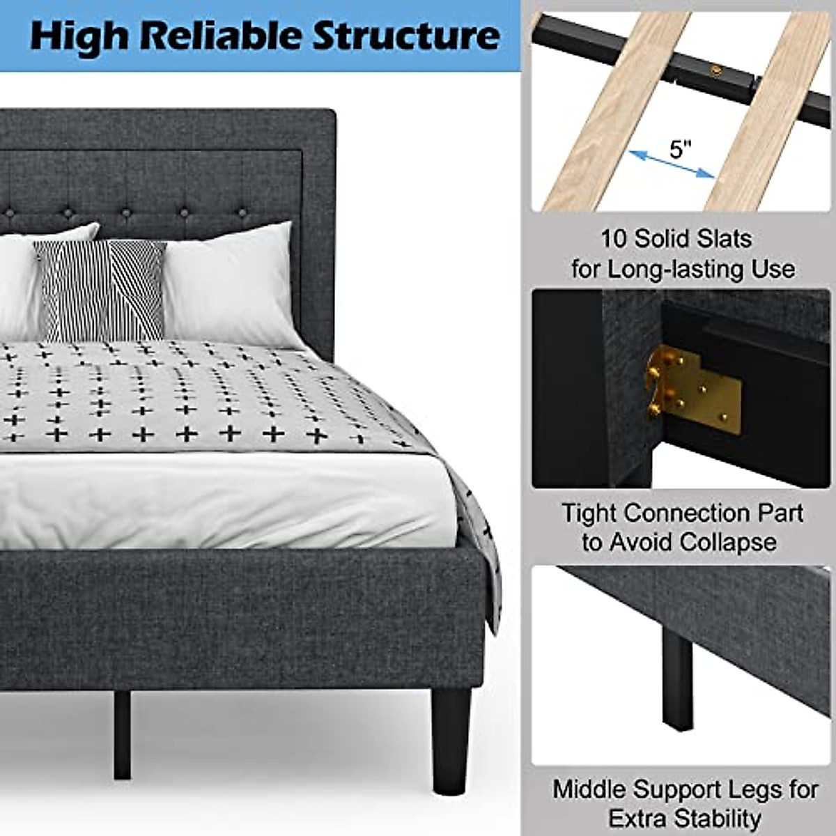 Giantex Upholstered Bed Frame, Modern Platform Bed w/Button Tufted Headboard, Solid Slats Support Mattress Foundation, No Box Spring Needed, Easy Assembly, Noise-Free Design, Twin, Grey