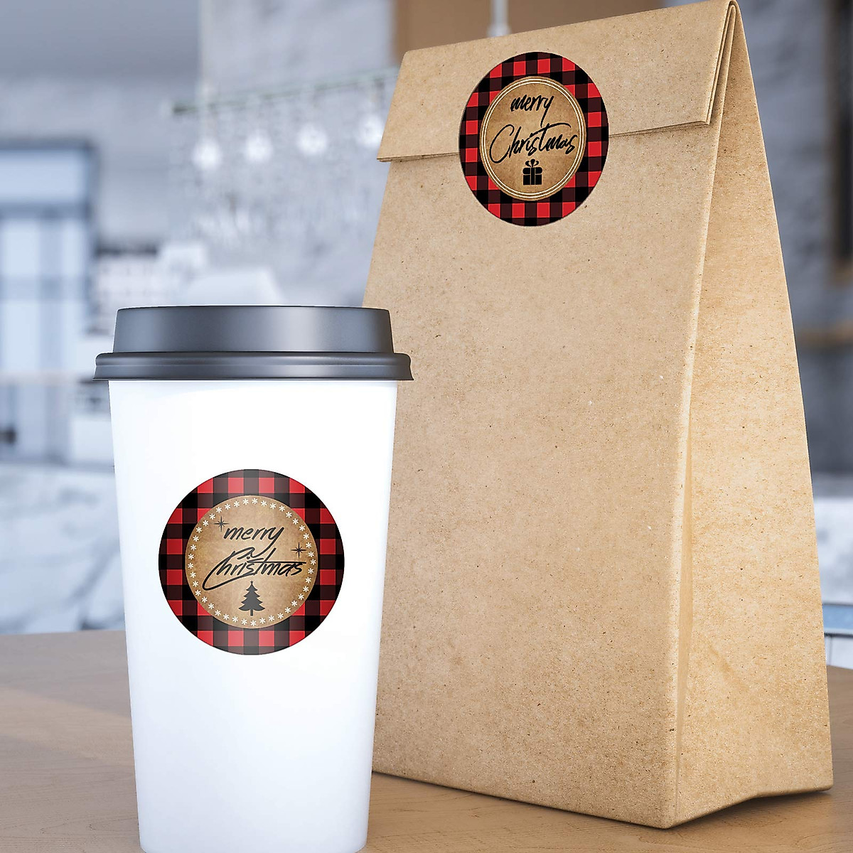 600 Pieces Merry Christmas Stickers Buffalo Plaid Kraft Stickers 2 Inch Christmas Round Labels for Decoration Present Sealing, 8 Styles (Red and Black Plaid)