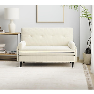 3 in 1 Sleeper Sofa Couch Bed, Convertible Loveseat Futon Sofa with 5 Level Adjustable Backrest, Corduroy Pull Out Couch, Modern Love Seat Pullout Bed for Small Space Living Room, Bedroom, Ivory