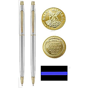 Classic Chrome and Gold Police Uniform Pens | Gold Polished Steel Saint Michael’s Coin | Law Enforcement Uniform pens | Pocket pens for Police | Gold Police Challenge Coin