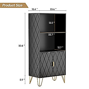 Anbuy Black Open Shelf Bookcase with Doors, Floor Standing Display Cabinet Rack with Gold Legs, Wooden Bookshelf for Home Decor Furniture for Home, Office, Living Room, Bedroom