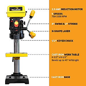 Woodskil 8 Inch Drill Press, 2.3 Amp 5-Speed Bench Drill Press, Bench Top Drilling Machine