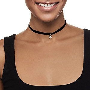 Ross-Simons 7-7.5mm Cultured Pearl and Diamond-Accented Pendant Choker Necklace With Sterling Silver and Black Velvet Cord. 13 inches