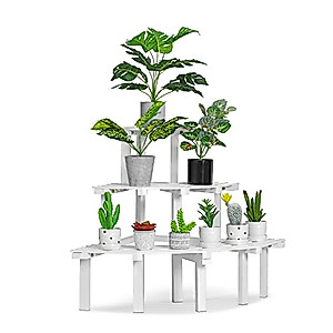 MoNiBloom 3 Tier Corner Stair Plant Stand, Bamboo Quarter Round Plant Display Holder Stair-Step Shelf Multifunctional Plant Support for Indoor Outdoor, White