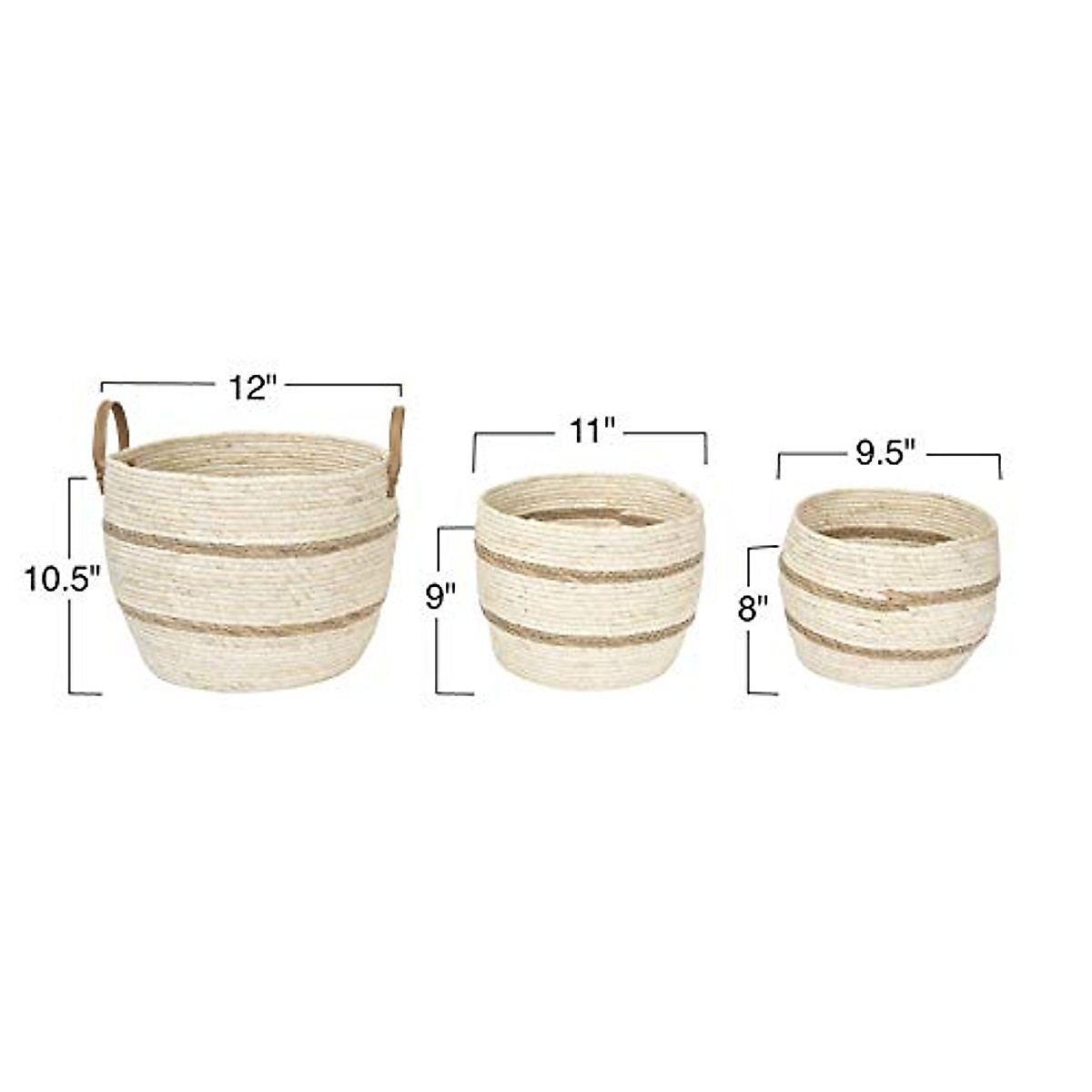 Creative Co-Op Beige & Brown Maize Baskets with Leather Handle (Set of 3 Sizes) Wicker Non-Food Storage, Brown