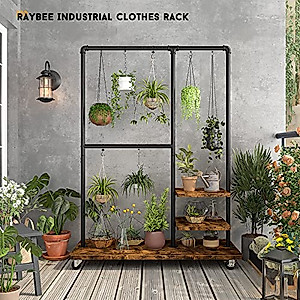 Raybee Clothes Rack Heavy Duty Clothing Rack, 400LBS Rolling Garment Rack with Shelves, Industrial Clothing Rack with Shelves, Portable Adjustable Clothes Rack for Hanging Clothes, Rustic Brown