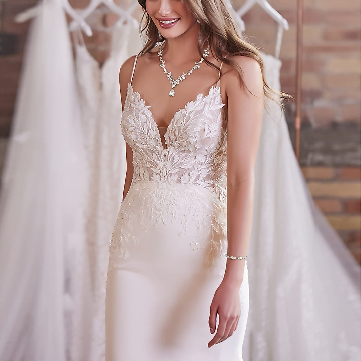 BriLove Wedding Jewelry Set for Women Bride, Y-Necklace Tennis Bracelet Dangle Earrings Crystal Teardrop Marquise Cluster for Bridal Bridesmaid Clear Silver-Tone