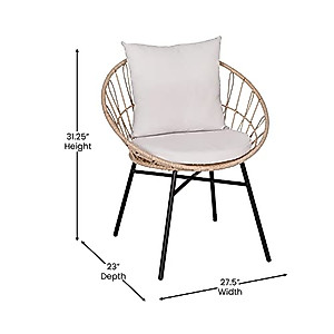 Flash Furniture Devon Set of 2 Indoor/Outdoor Modern Papasan Style Rope Patio Chairs, PE Rattan with Cushions, Tan/Light Gray