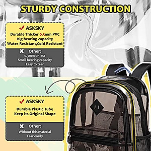 ASKSKY Clear Backpack Stadium Approved, Thriple Compartments Book Bag Heavy Duty Black PVC See Through Backpack for School for College Travel Work Festival, Black and Grey