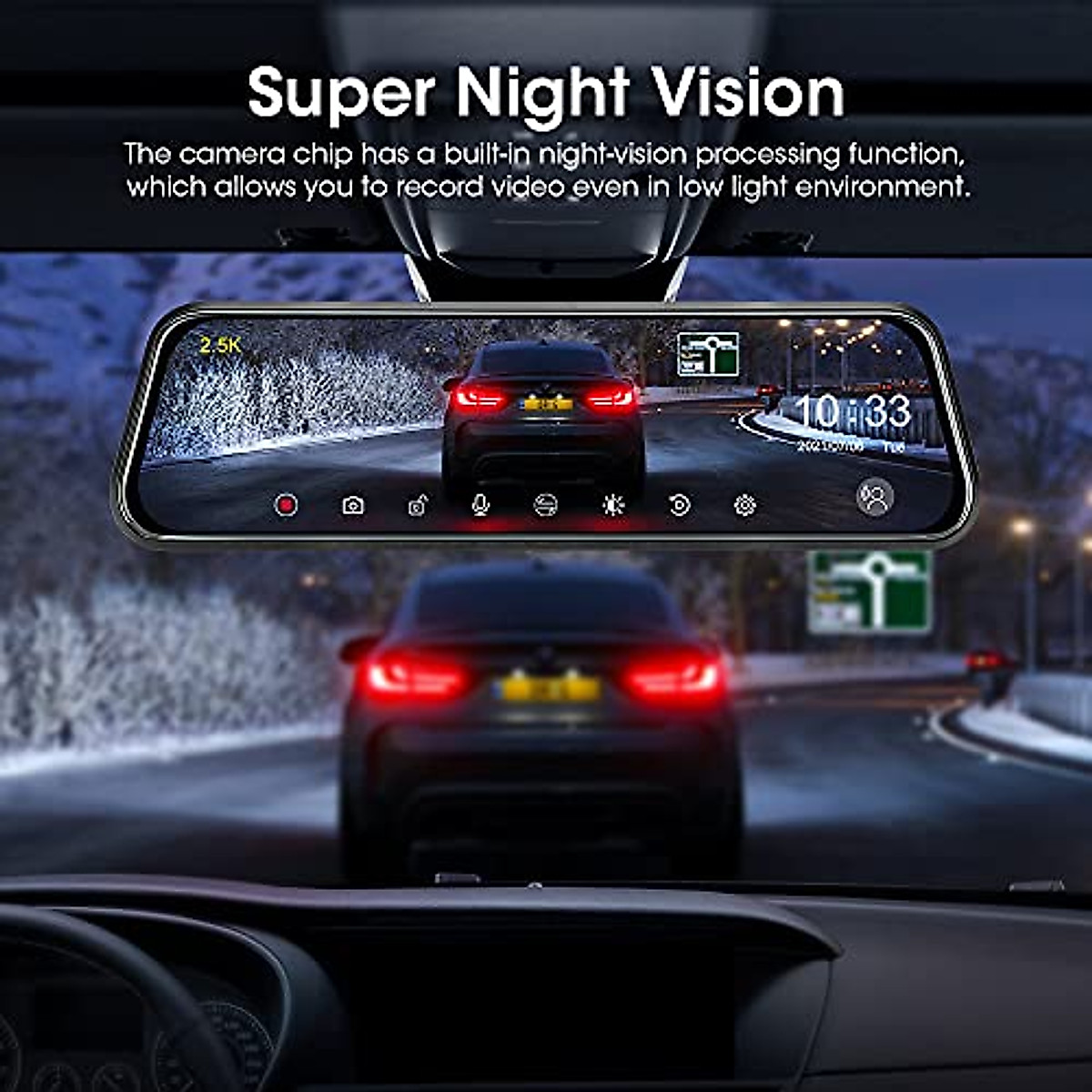 2.5K Voice Control Mirror Dash Cam Rear View Mirror Backup Camera Front and Rear, 10'' Rearview Mirror Backup Camera Dual Full HD Super Night Vision G-Sensor Parking Assistance