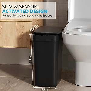 jinligogo Bathroom Trash Can Touchless, 2.5 Gallon Motion Sensor Smart Trash can with Automatic Lid, Waterproof Slim Plastic Narrow Bedroom Garbage Bin for Kitchen, Office, Living Room, RV - Black