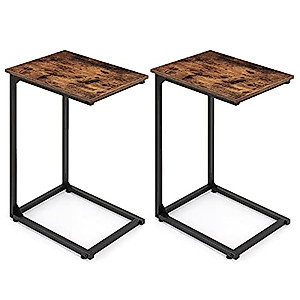 Nandae C Shaped End Table Set of 2, Rustic Side Table Bedside Table with Metal Frame for Laptop, Snack, Sofa Couch, Bed Living Room Bedroom, Rustic Brown