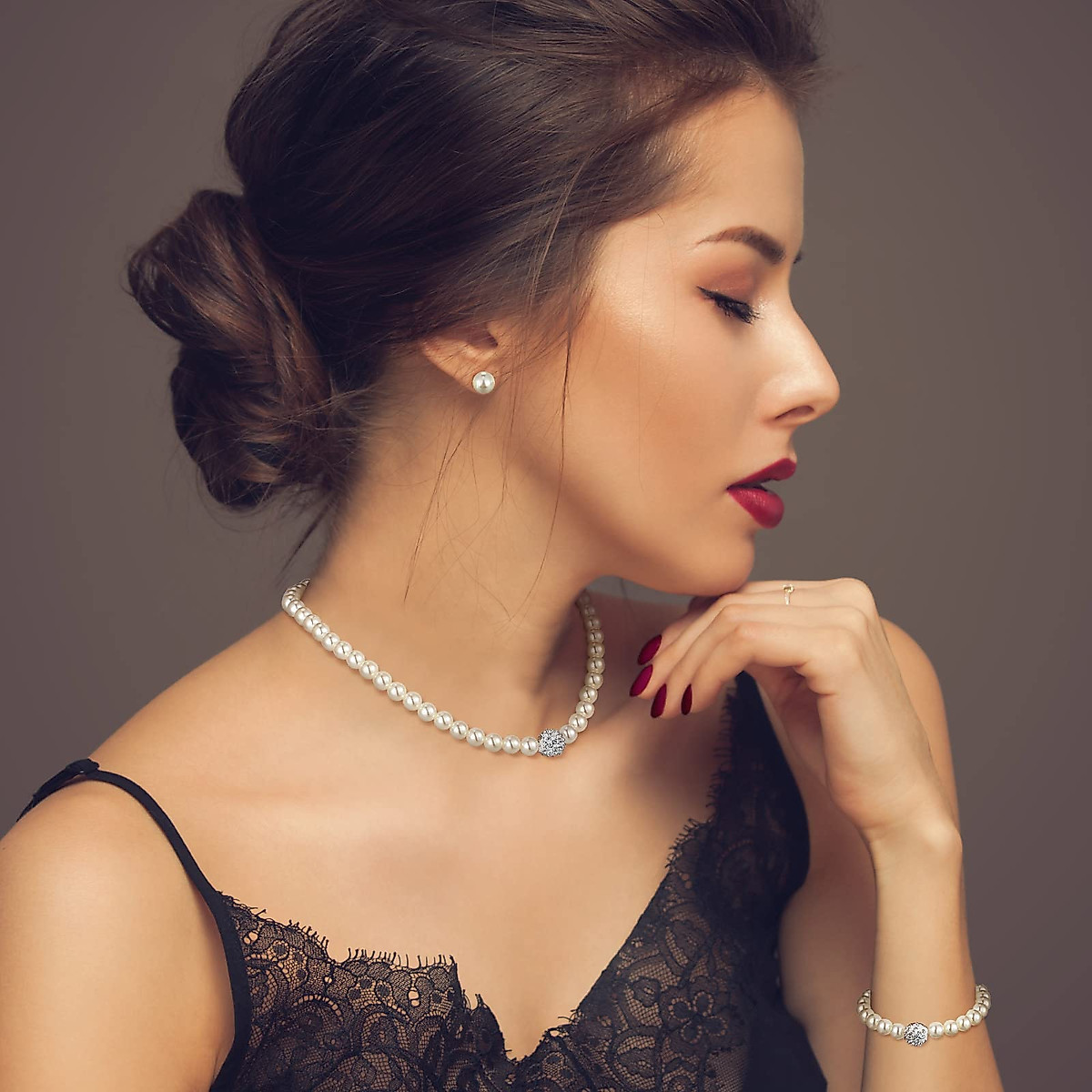 Glenmal Pearl Rhinestone Jewelry Set for Women Wedding Necklace Bracelet Earrings for Halloween Birthday Tea Party(Elegant Style)