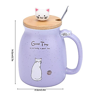Fdit Lovely Cat Ceramic Cup with Spoon and Lid Coffee Water Milk Mug for Drinkware (Purple)