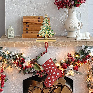 JUSTOTRY Christmas Stocking Holders for Mantle Glitter Green Xmas Tree Gold Stocking Holder for Fireplace Home Decor Holiday Gifts Christmas Decorations Supplies Non-Skid Durable and Sturdy