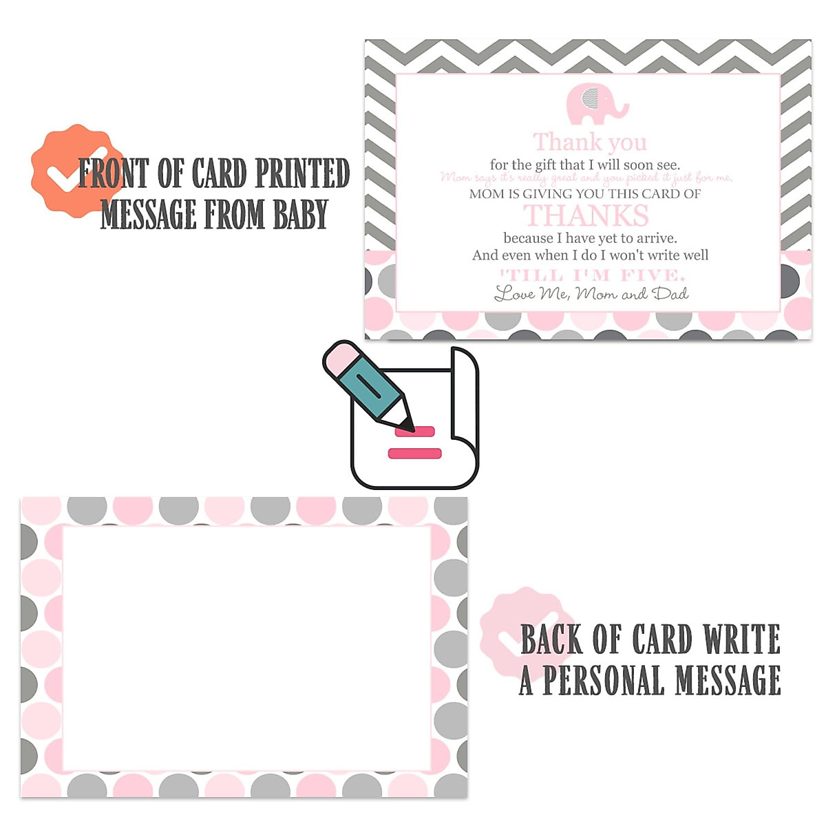 Pink Elephant Baby Thank You Cards, 15 Pack – Cute Baby Shower Notes with Envelopes Set, Prefilled Message, Customizable and Personalize Blank Stationery Royal Jungle, New Parents Gift Ideas