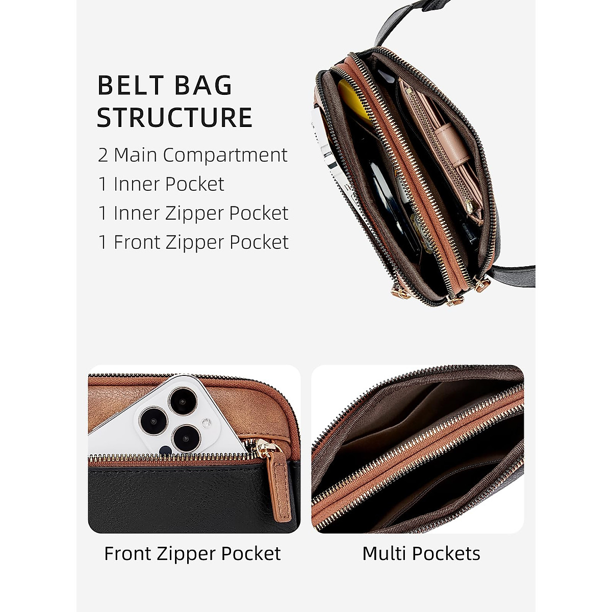 WESTBRONCO Fanny Packs for Women, Fashion Waist Packs with Adjustable Strap, PU Leather Belt Bag with Multi-Pockets, Small Crossbody Purse, Brown & Black